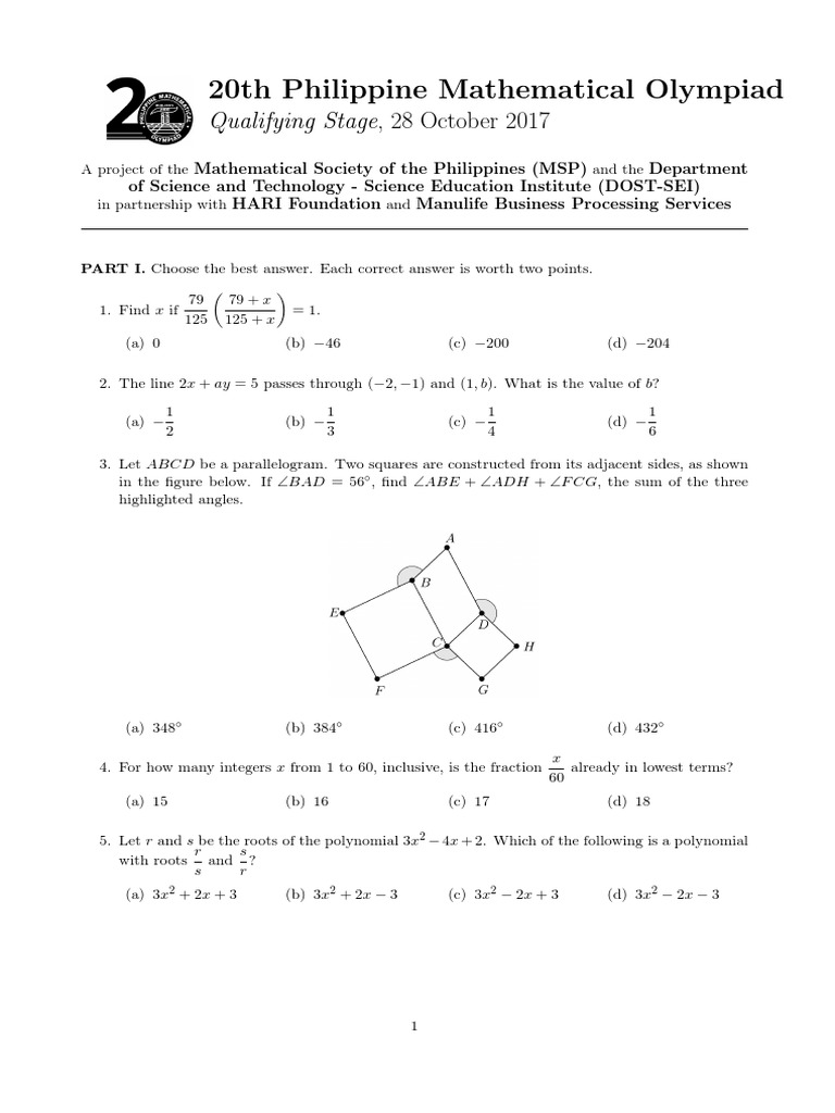 PMO 20 Qualifying Round With Answers Only | PDF | Logarithm ...