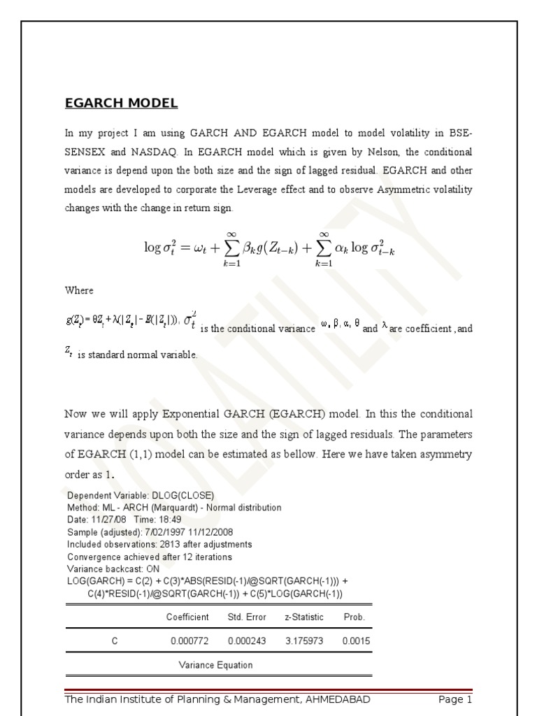 Egarch Model: The Indian Institute of Planning & Management, AHMEDABAD ...