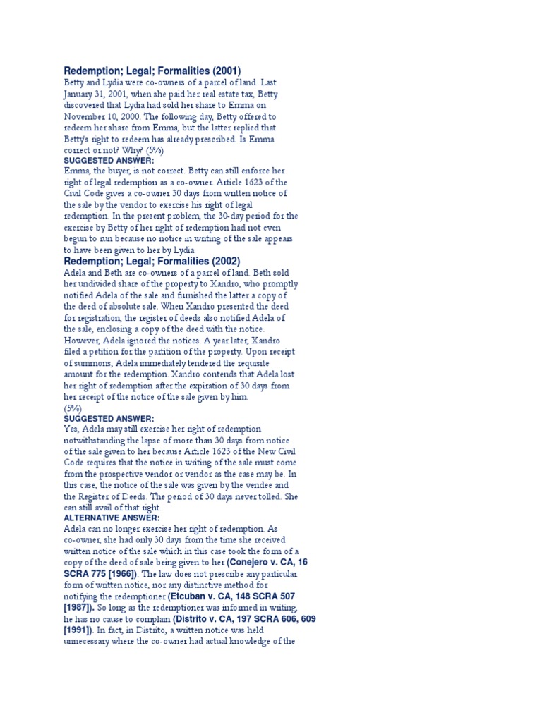 Redemption Bar Questions | Download Free PDF | Assignment (Law ...