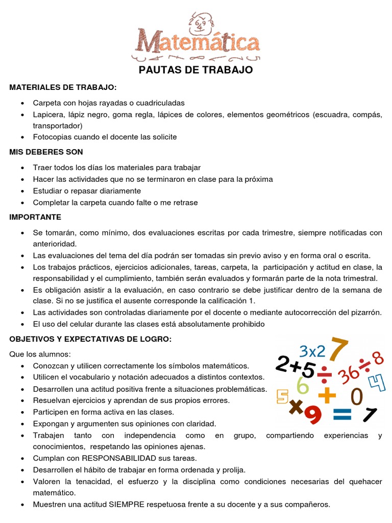 Pautas de Trabajo | PDF | Lápiz | Enseñanza de matemática
