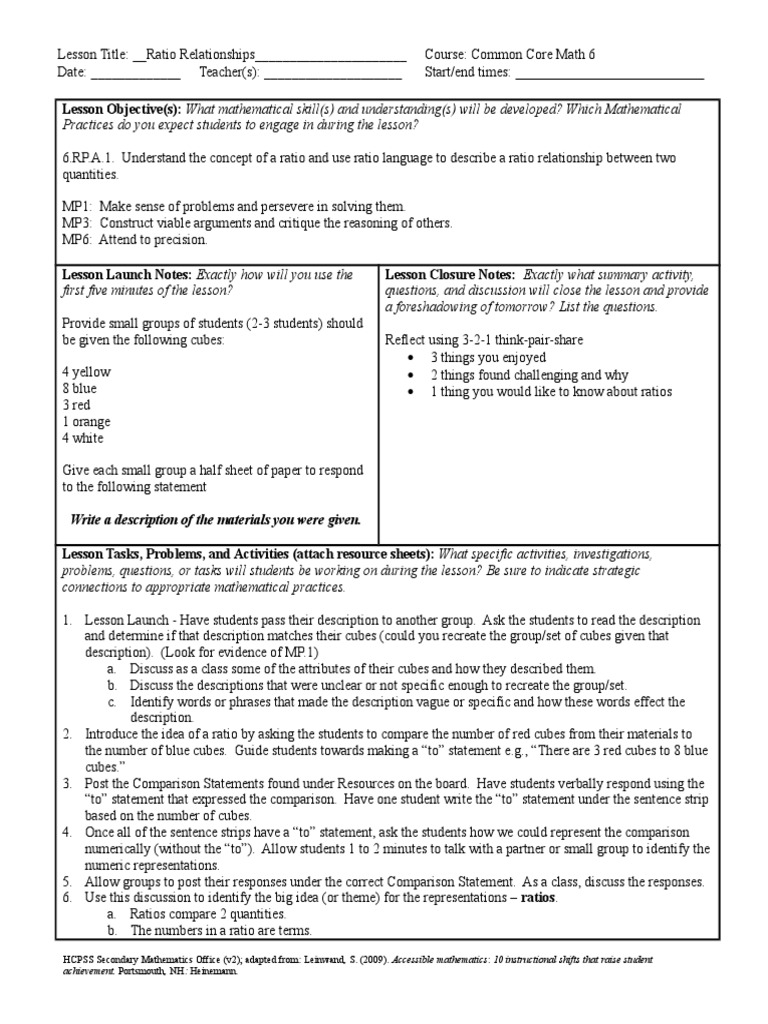 6th Grade Ratio Relationships Lesson Plan | PDF | Ratio | Common Core ...