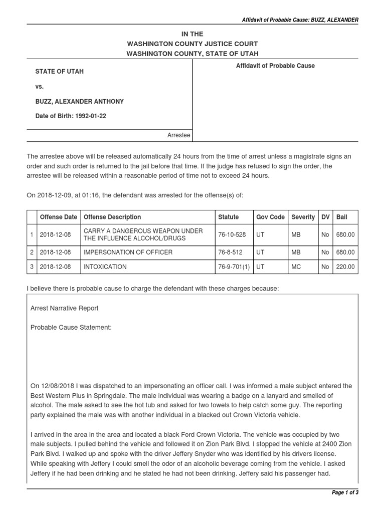 Alexander Buzz Probable Cause Statement | Arrest | Probable Cause