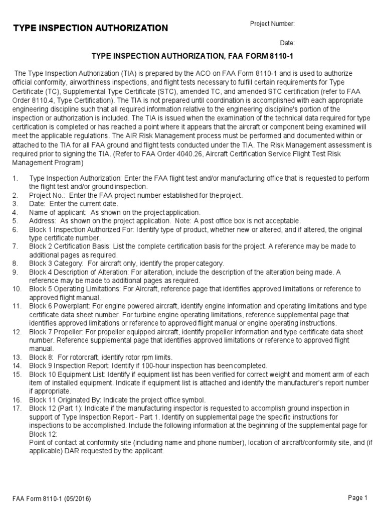 Type Inspection Authorization, Faa Form 8110-1 | PDF | Flight Test ...