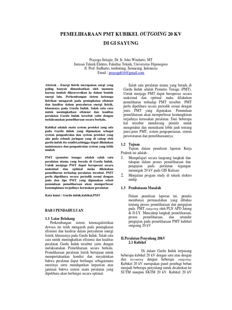 Pemeliharaan PMT Kubikel Outgoing 20 KV Di Gi Sayung | PDF