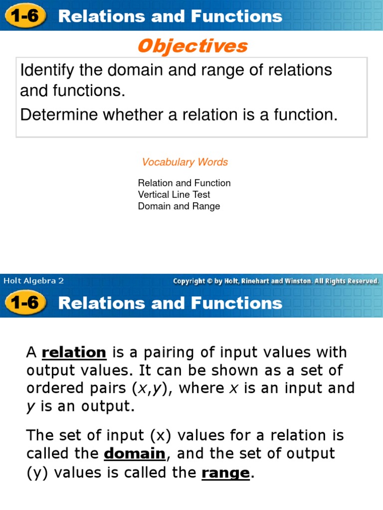 Objectives: Identify The Domain and Range of Relations and Functions ...