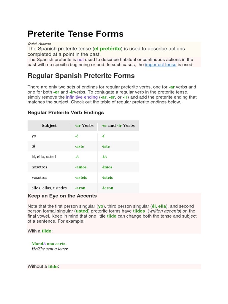 A Comprehensive Guide to Spanish Preterite Tense Forms and Uses | PDF ...