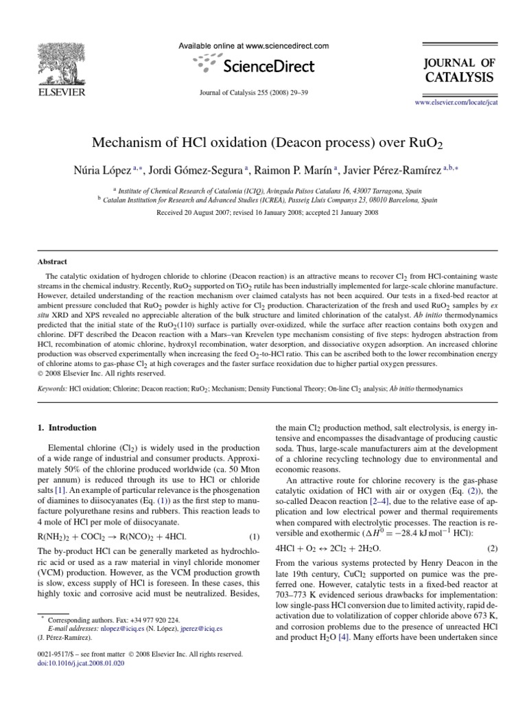 Mechanism of HCL Oxidation (Deacon Process) Over Ruo | PDF | Chlorine ...
