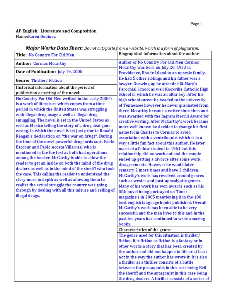 Major Works Data Sheet: No Country For Old Men | PDF | General Fiction