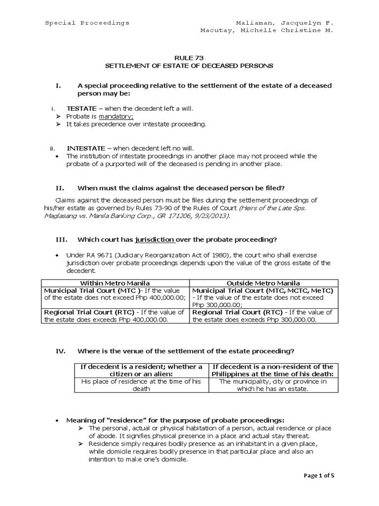Rule 73 - Written Report | PDF | Intestacy | Probate