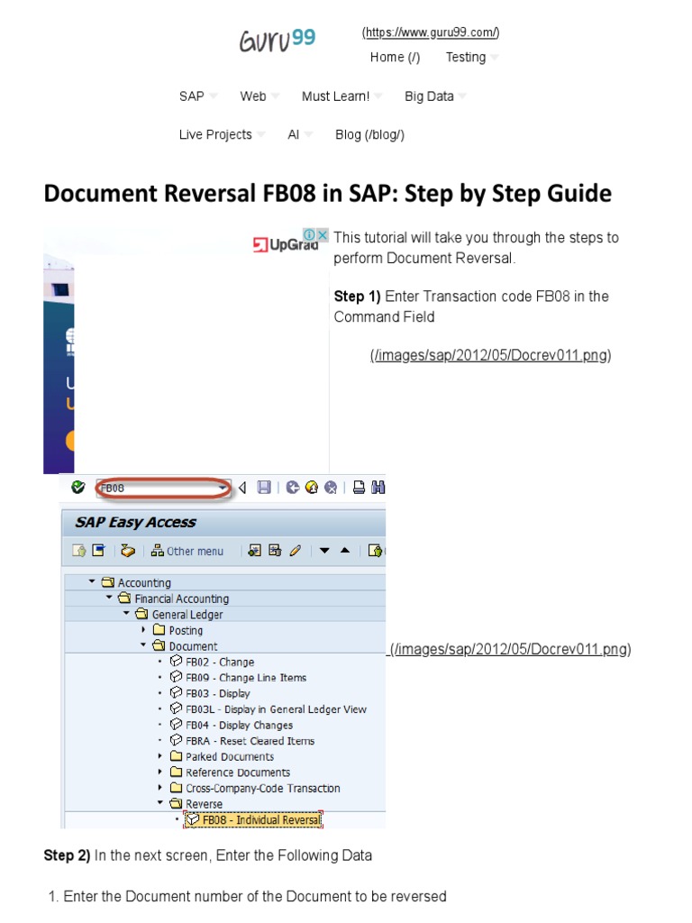 Document Reversal FB08 in SAP - Step by Step Guide | PDF | Accounts ...