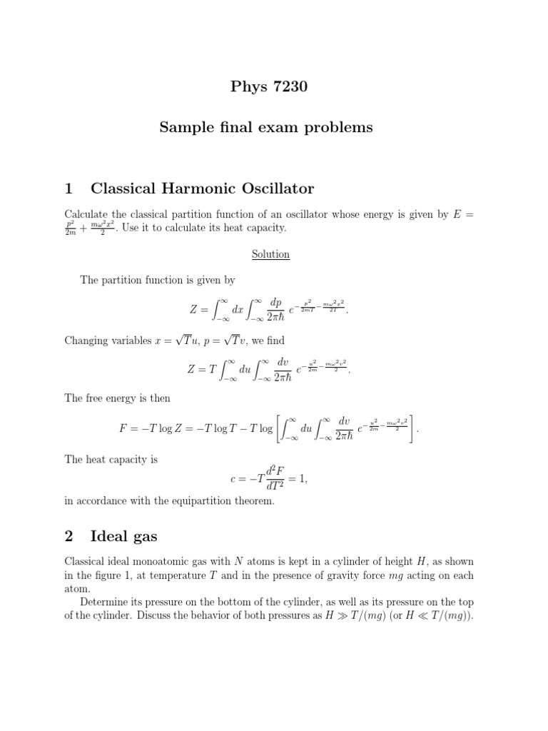 Phys 7230 Sample final exam problems: p 2m mω x 2 | PDF | Boson | Particle Physics