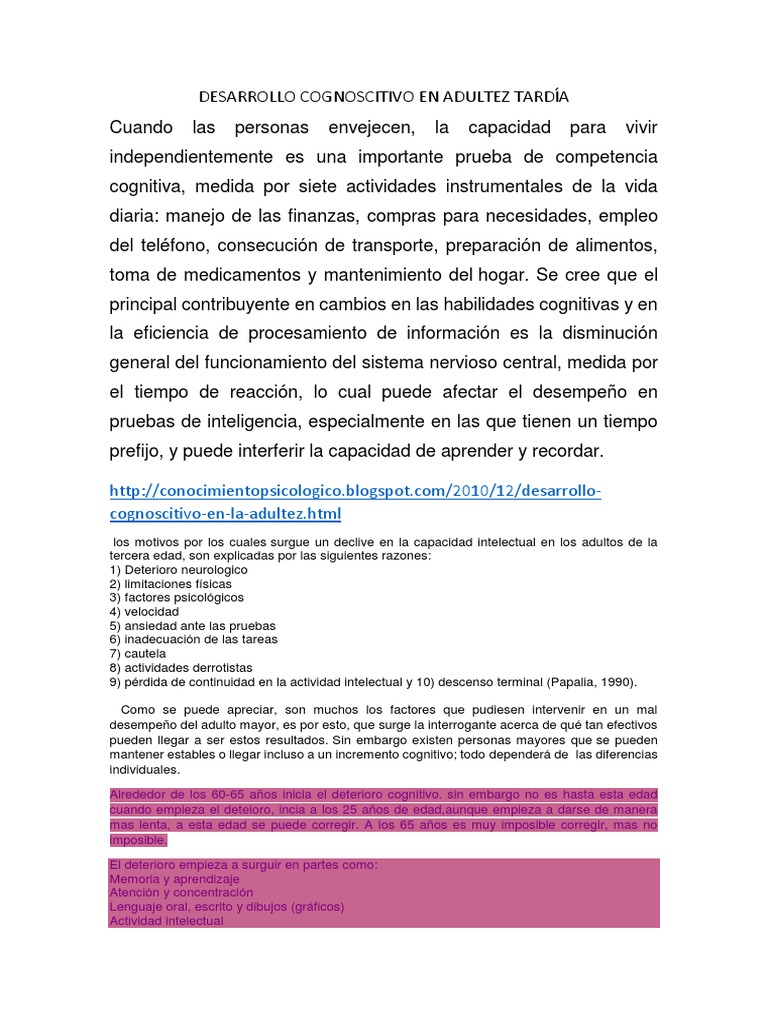 Desarrollo Cognoscitivo en Adultez Tardía | PDF | Adultos | Vejez