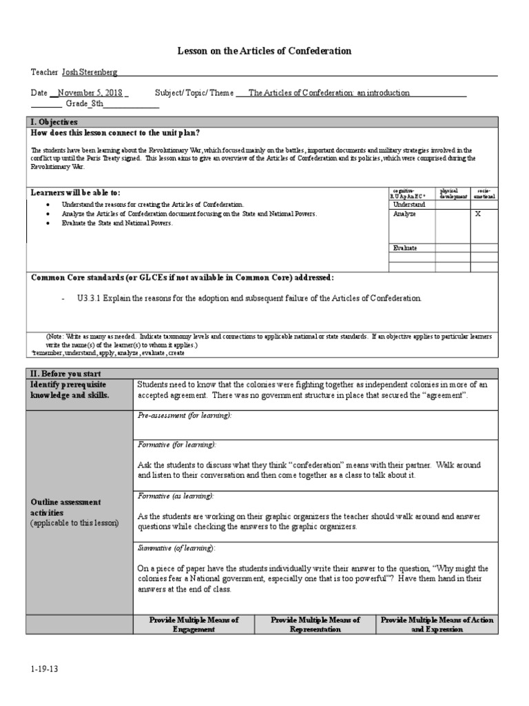 Lesson Plan 1 Articles of Confederation | PDF | Classroom | Learning