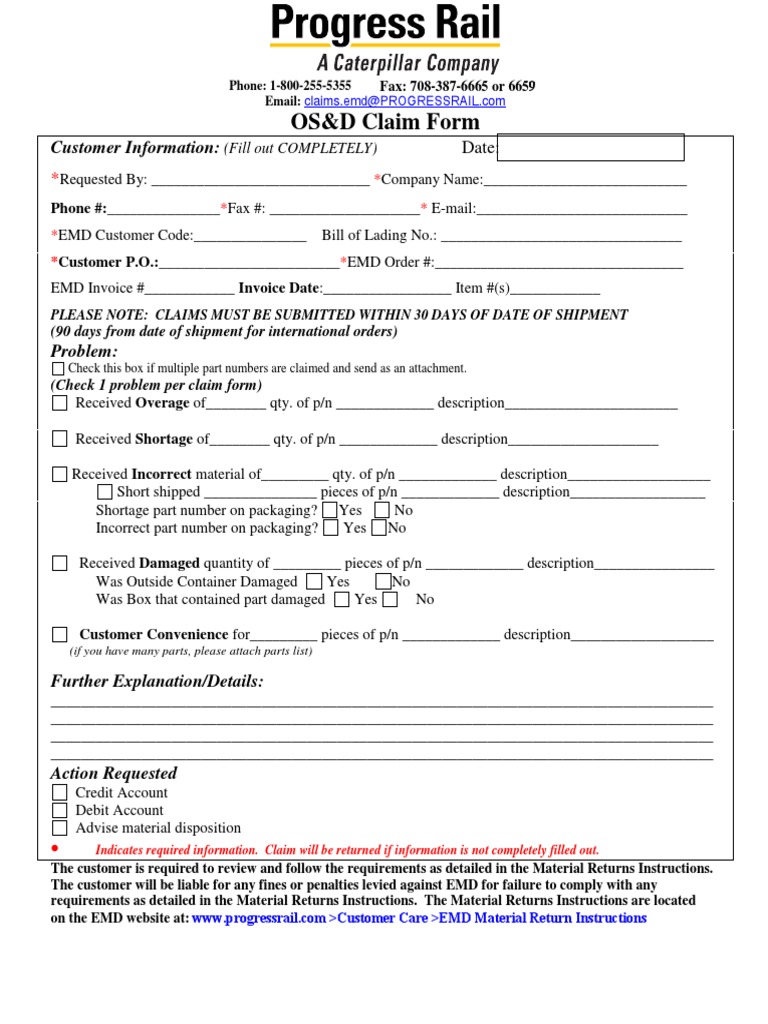 OS&D Claim Form: Customer Information | PDF | Invoice | Service Industries