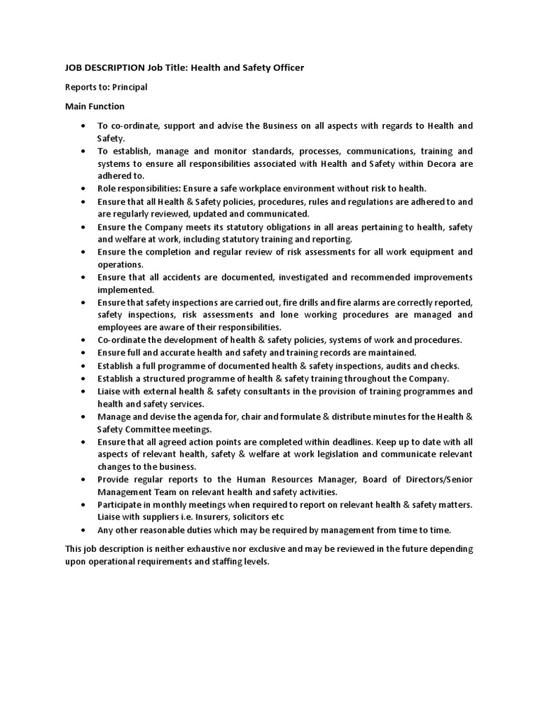 Health and Safety Officer Job Description | PDF | Occupational Safety ...