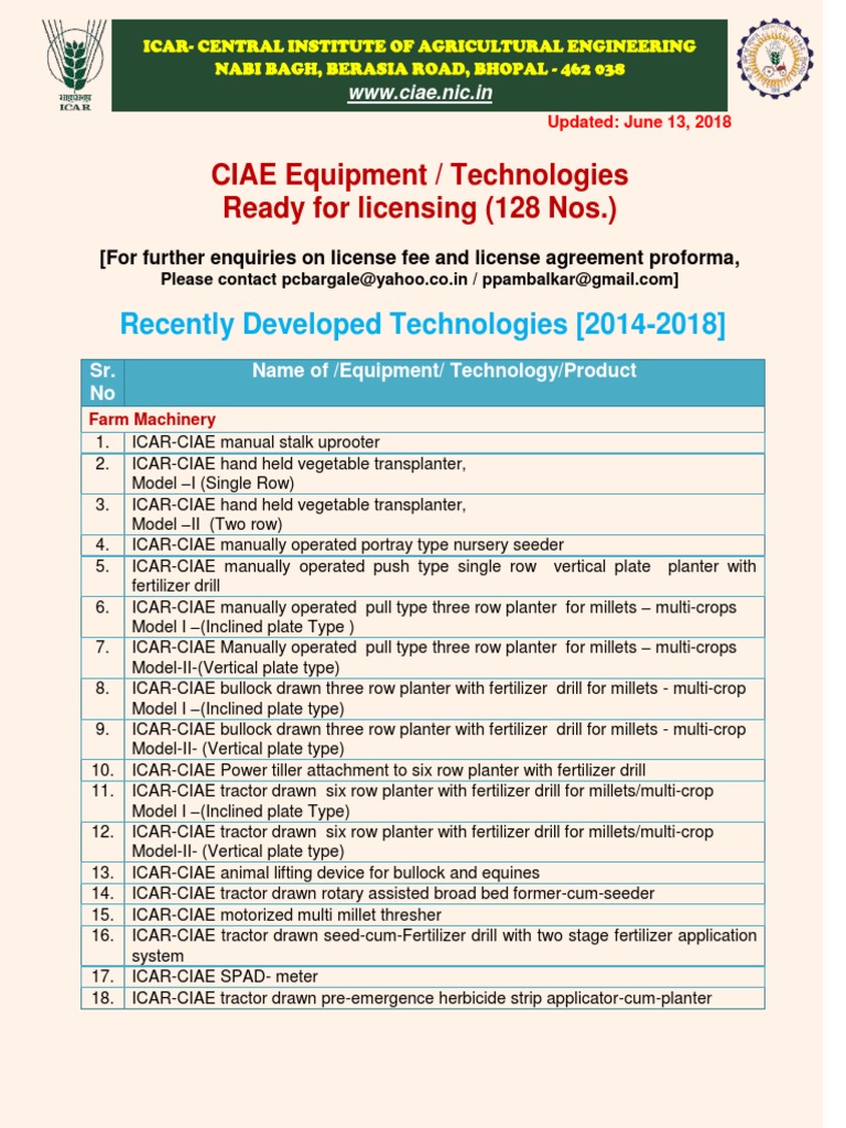 CIAE Technolgies - Available For Licenseing | PDF | Agricultural ...