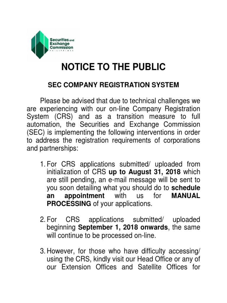 2018notice SEC Company Registration System | PDF