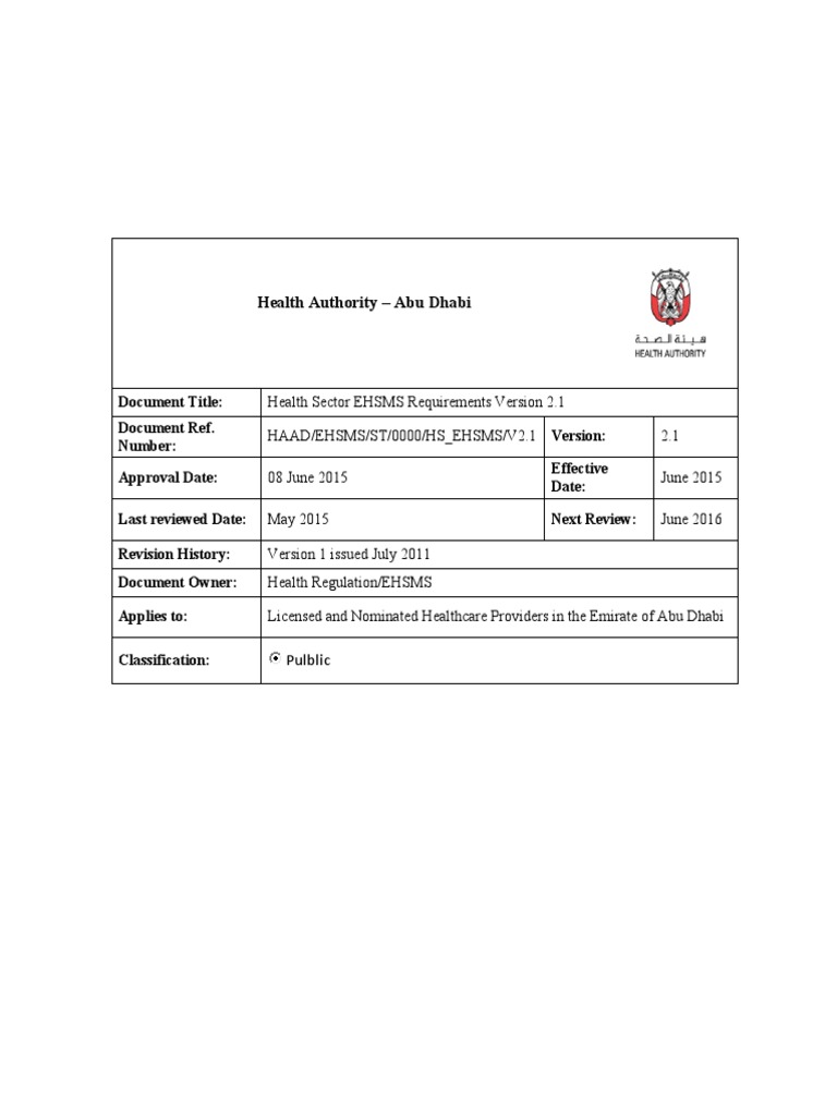 Health Sector EHSMS - 9!12!2015 | PDF | Emergency Management | Emergency