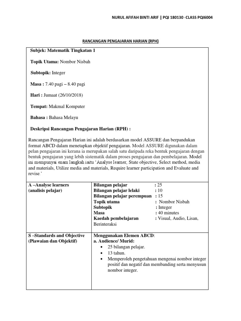 Contoh RPH MT Ting 1 | PDF