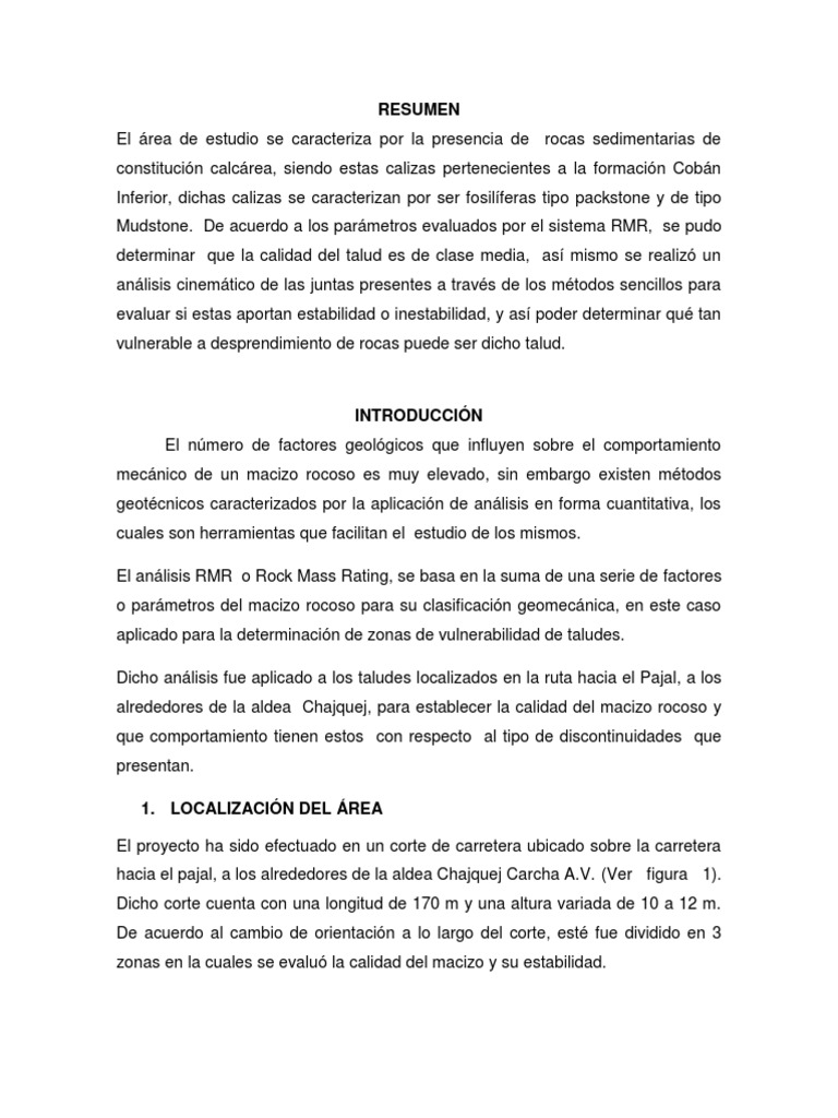 Proyecto RMR Geotecnia Vaqueros | PDF | Fricción | Cinemática