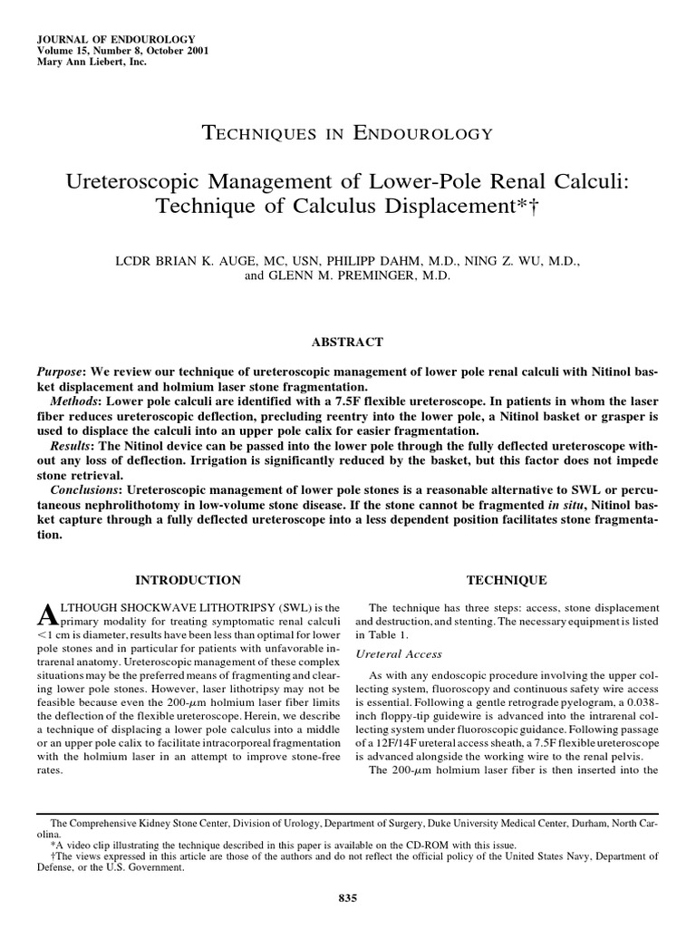 T E Ureteroscopic Management of Lower-Pole Renal Calculi: Technique of ...
