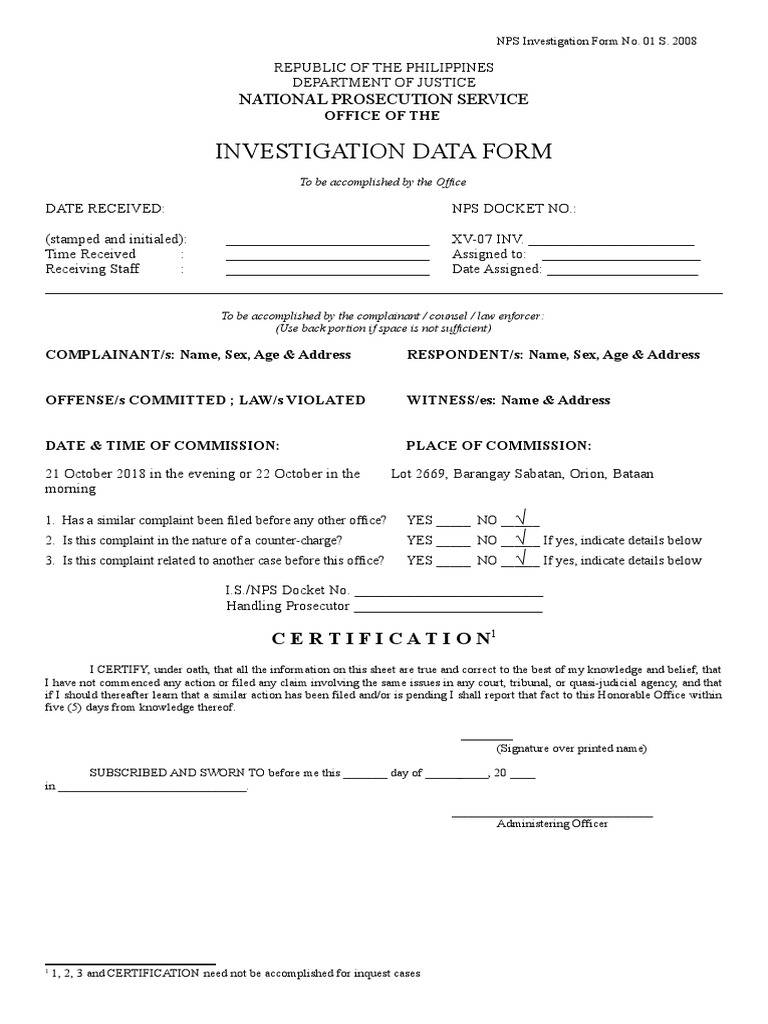 Investigative Data Form | PDF | Complaint | Prosecutor