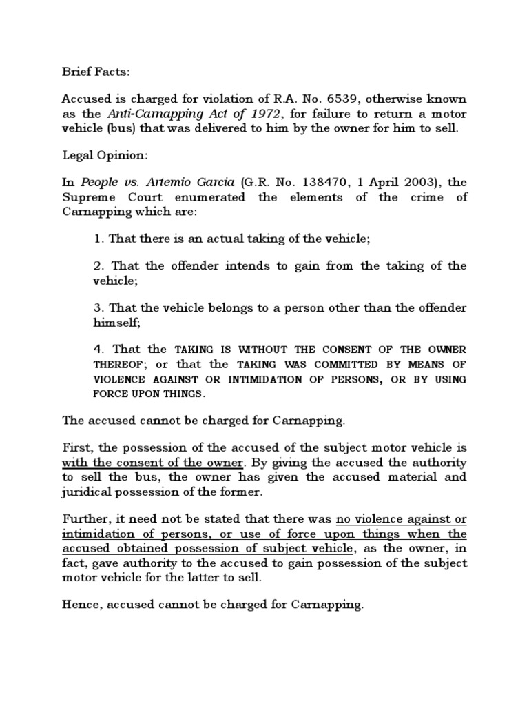Carnapping Legal Opinion | PDF