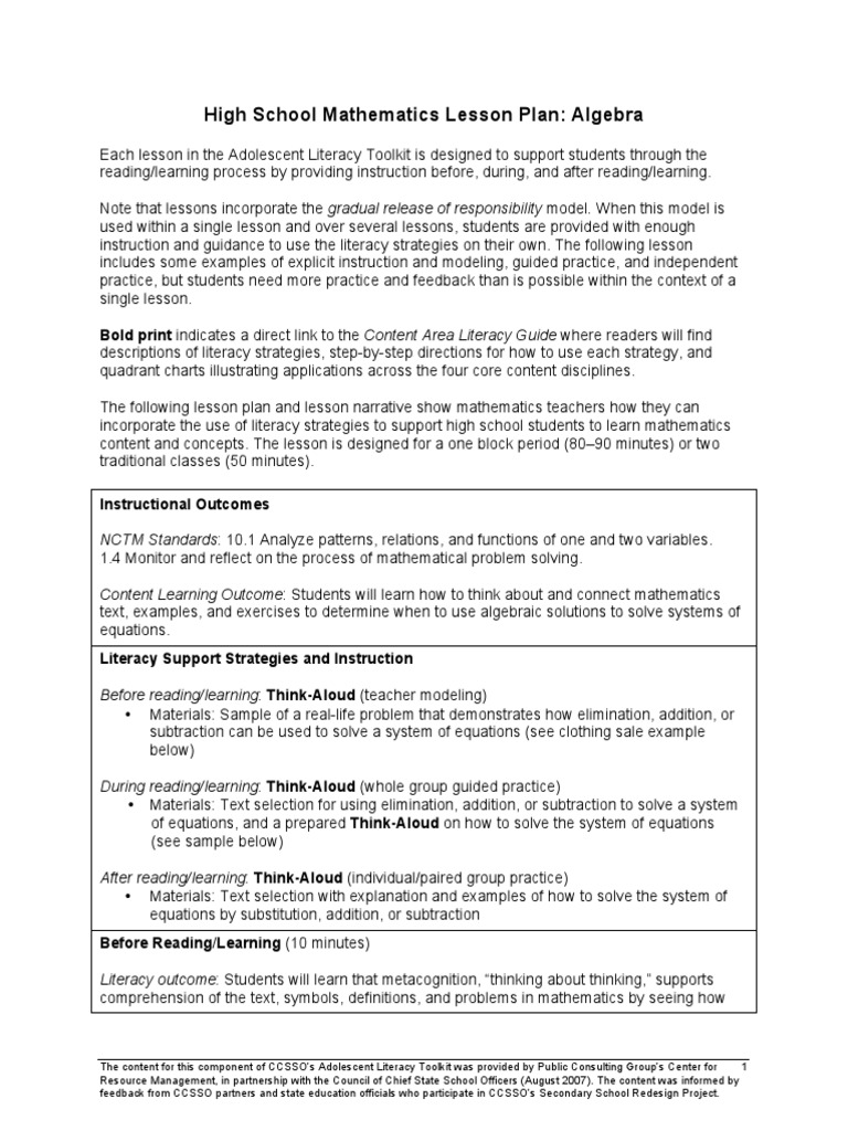 High School Mathematics Lesson Plan: Algebra | PDF | Equations | Teachers