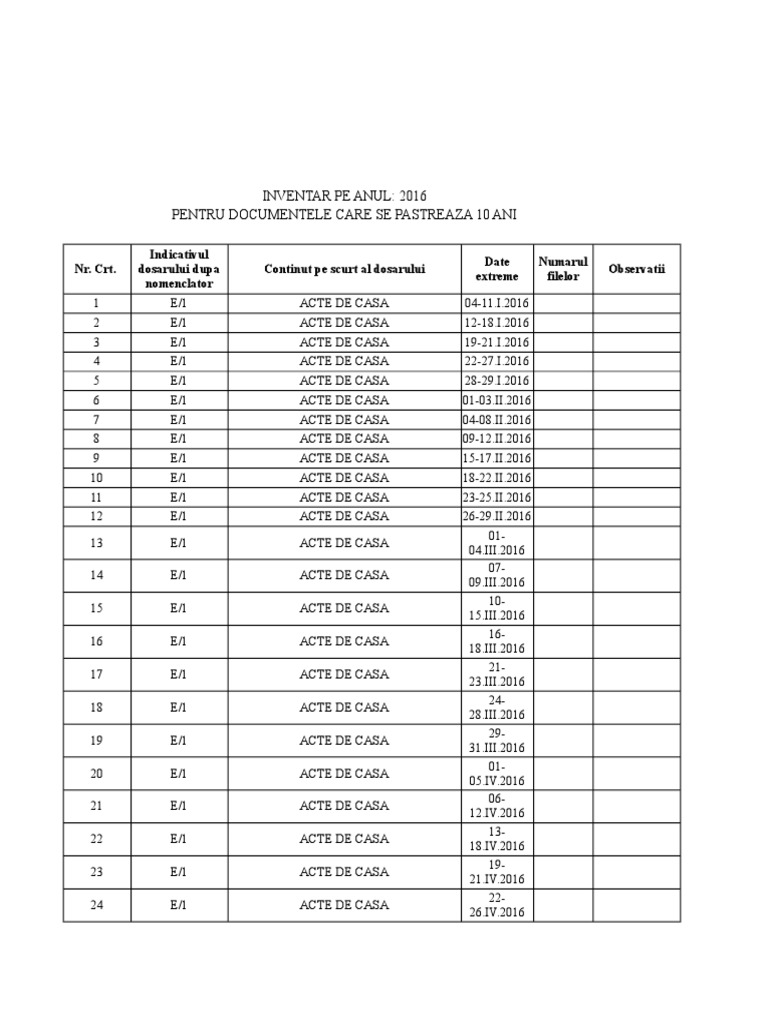 Inventar Pe Anul: 2016 Pentru Documentele Care Se Pastreaza 10 Ani | PDF