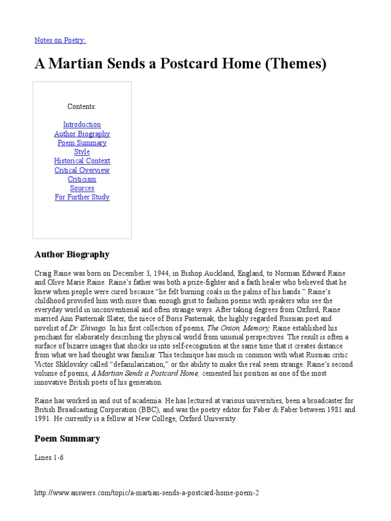 Martian Sends A Postcard Notes On Poem | PDF | Martian | Human