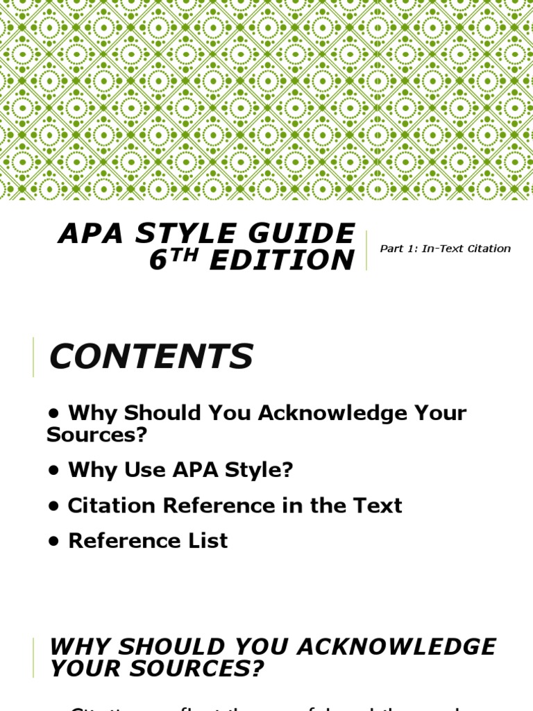 Apa Style Guide 6 Edition: Part 1: In-Text Citation | PDF | Apa Style ...