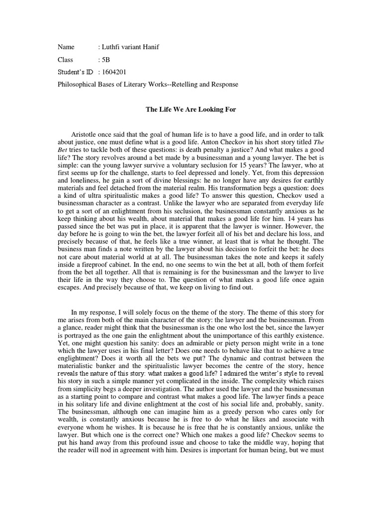 Response and Retelling of The Bet by Anton Checkov | PDF | Justice | Crime & Violence