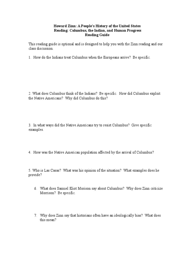 Zinn Reading Questions | PDF | Christopher Columbus | Native Americans ...