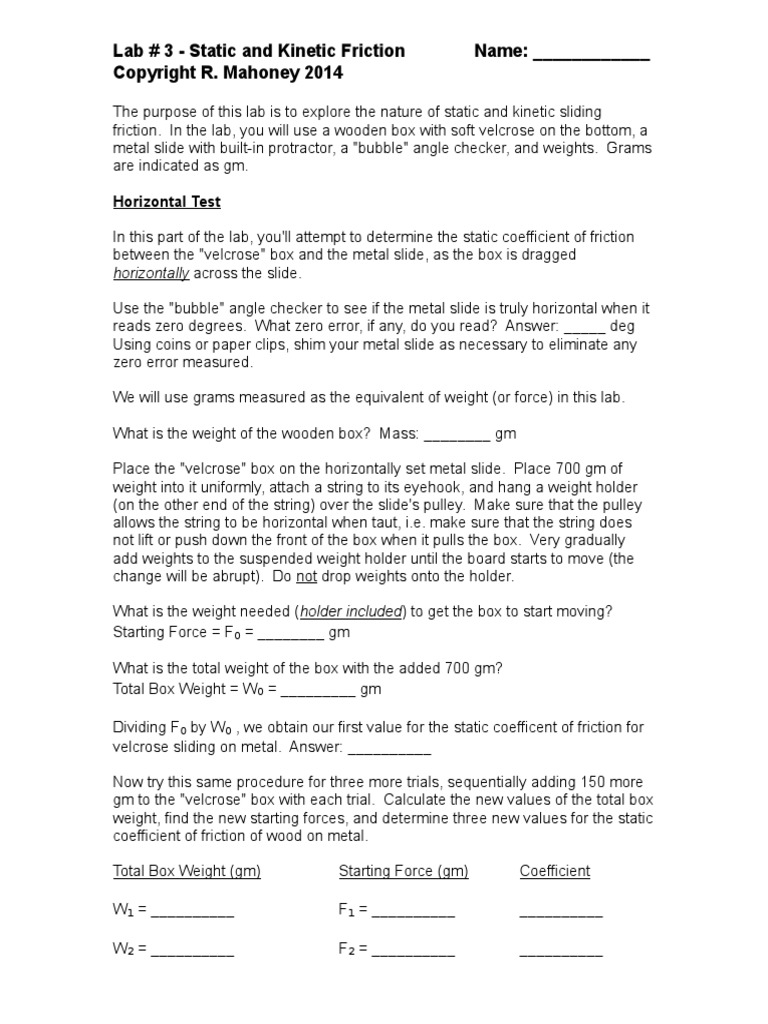 Lab 3 - Friction Lab - Rev 2 | PDF | Friction | Mass