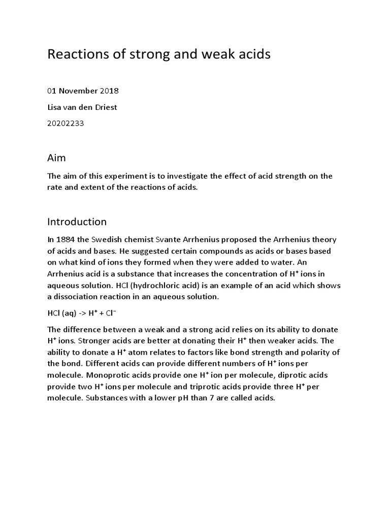 Lab 6 Reactions of Strong and Weak Acids | PDF | Acid | Atoms