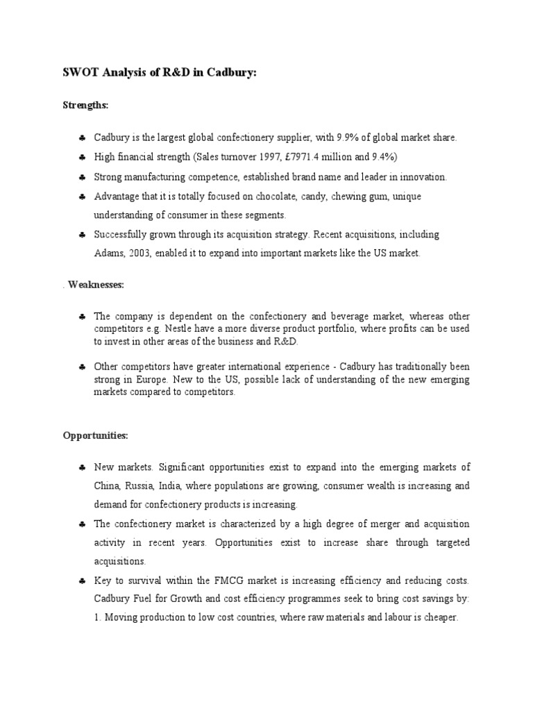 SWOT Analysis Cadbury | PDF | Confectionery | Market (Economics)