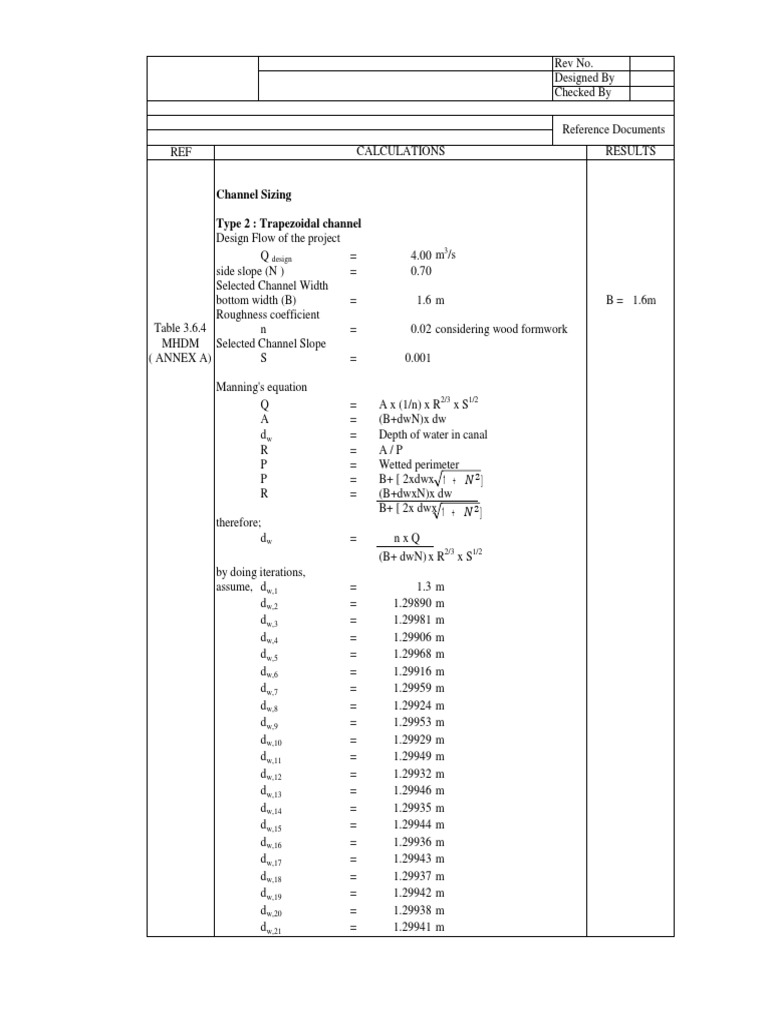 Design Calculations for a Trapezoidal Channel Sizing Project | PDF ...