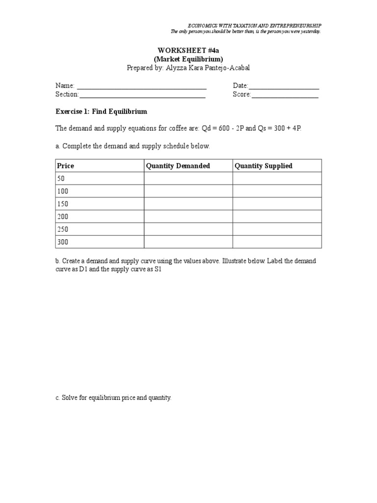 Market Equilibrium Worksheet | PDF