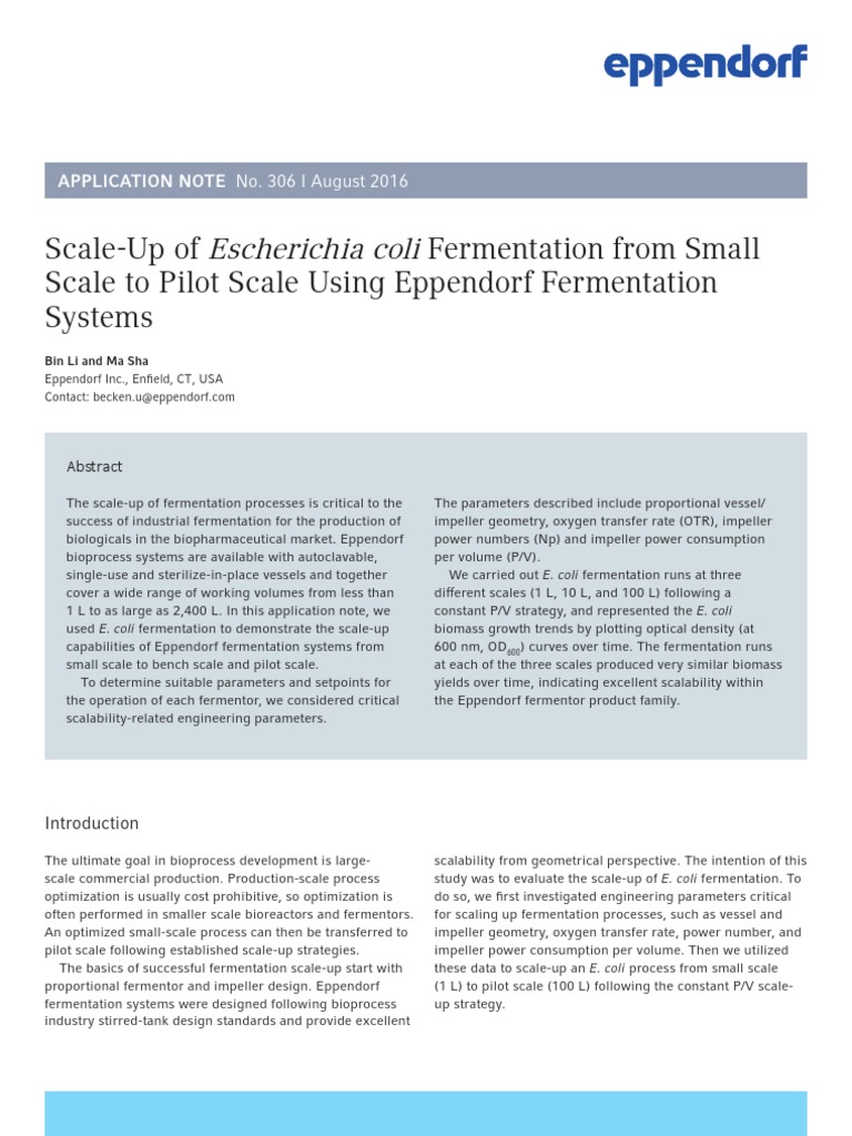 Application Note 306 - Scale-Up of Escherichia Coli Fermentation From ...