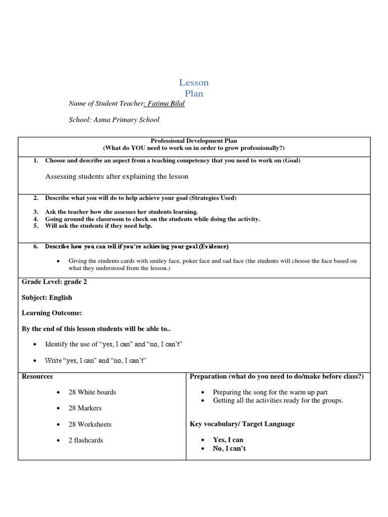 Lesson Plan - Yes I Can No I Cant | PDF | Lesson Plan | Classroom