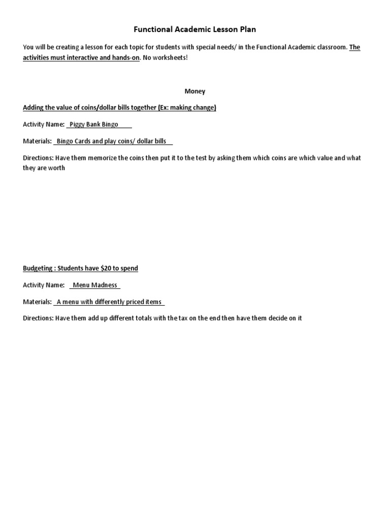 Functional Academic Lesson Plan | PDF