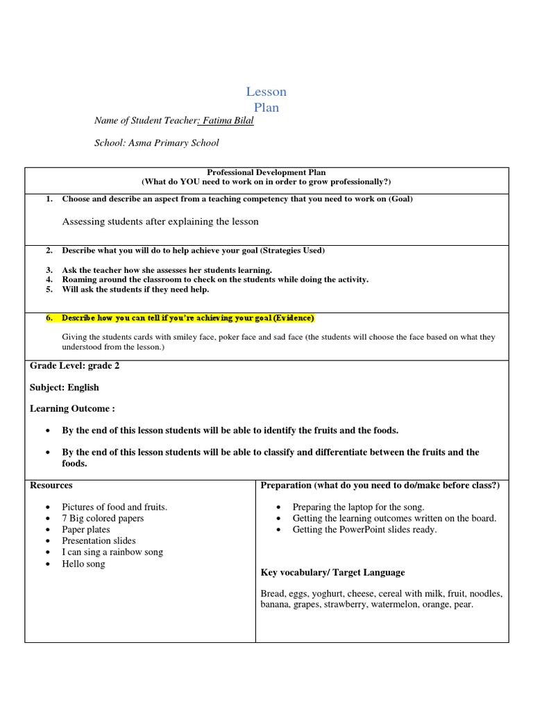 Lesson Plan 2 Food | PDF | Lesson Plan | Understanding