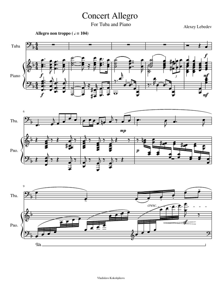 Alexei K. Lebedev Concert Allegro For Tuba and Fortepiano1949 | PDF ...