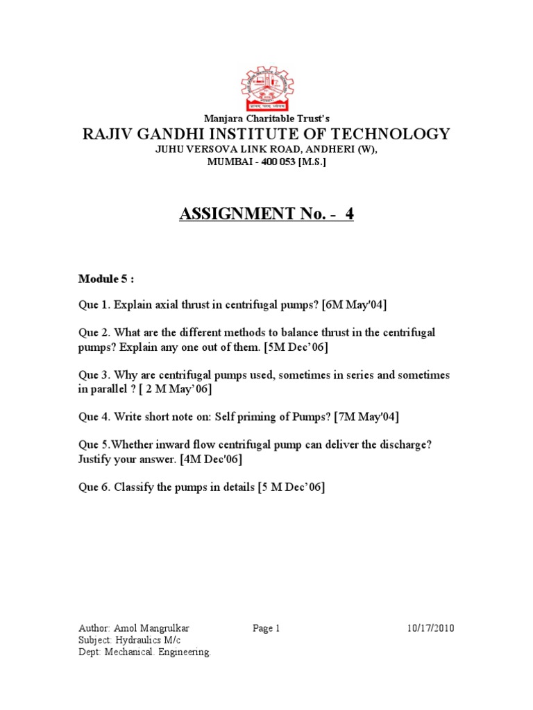 Centrifugal Pump Assignment Questions | PDF | Pump | Machines