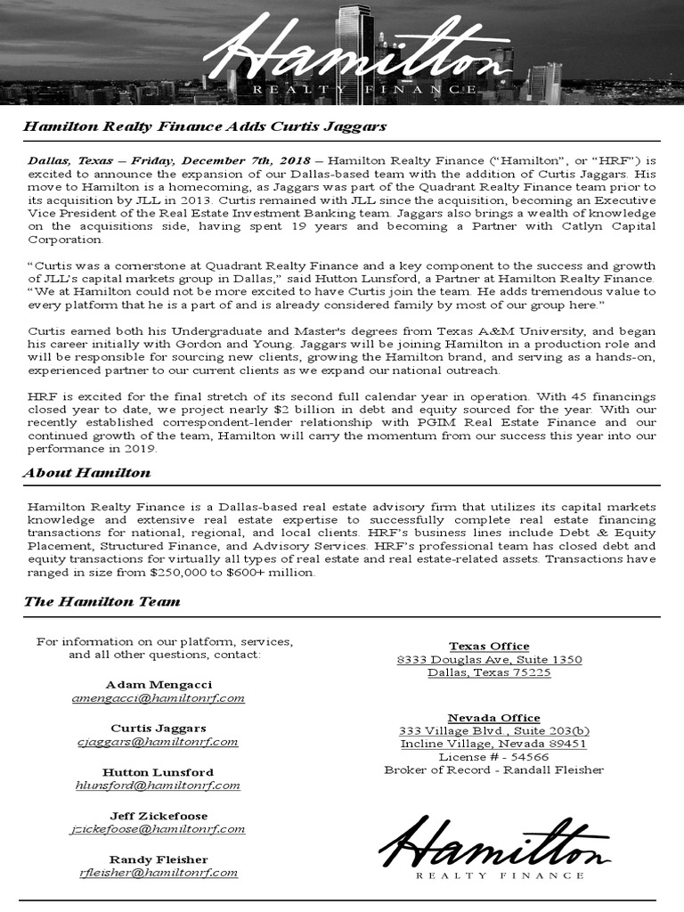 Hamilton Realty Welcomes Jaggars | PDF | Capital Market | Mergers And ...