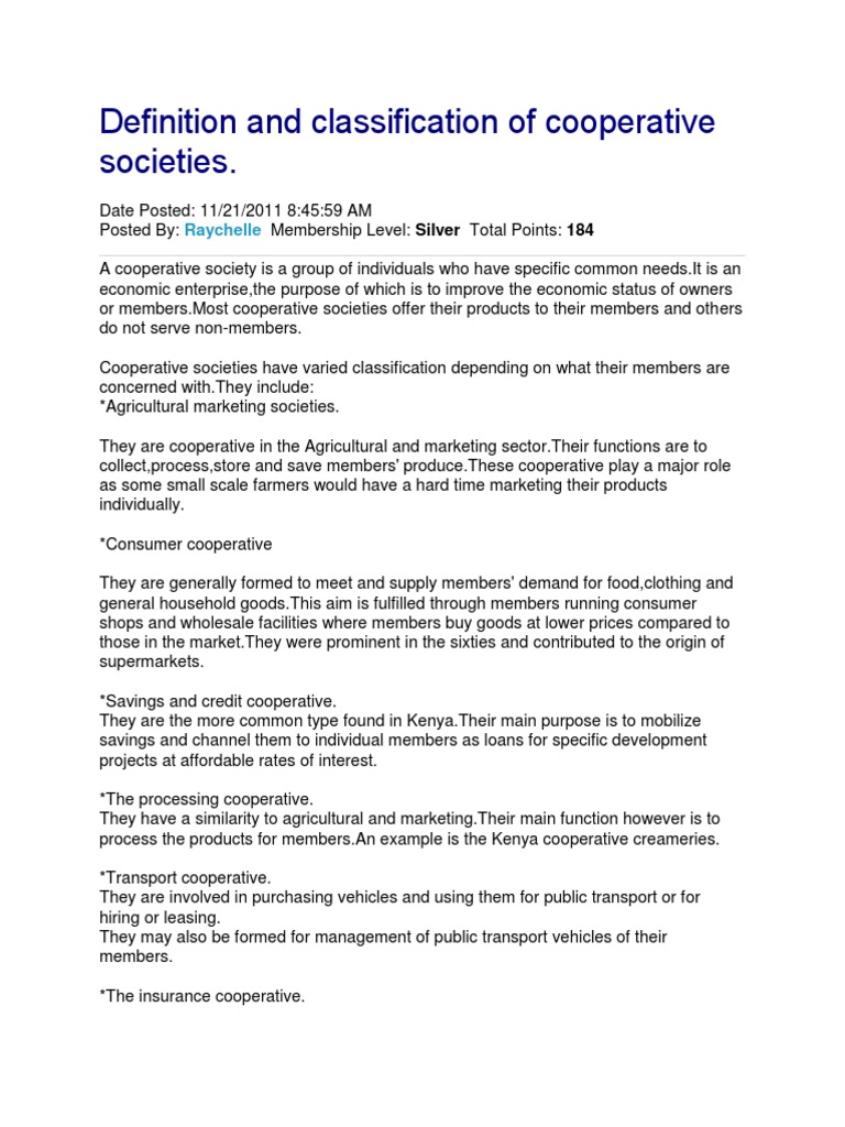 Definition and Classification of Cooperative Societies | PDF ...