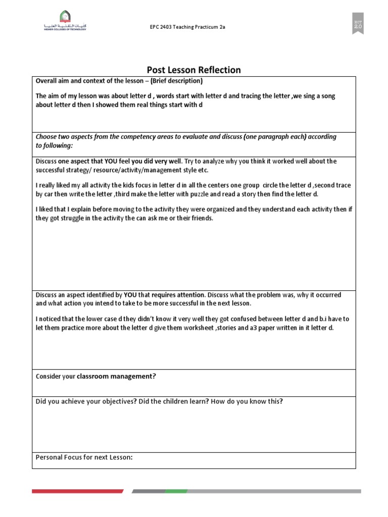 Post Lesson Reflection | PDF | Teaching | Behavior Modification