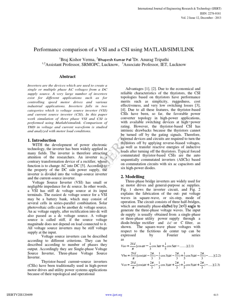 Performance comparison of a VSI and a CSI using MATLAB/SIMULINK | PDF ...