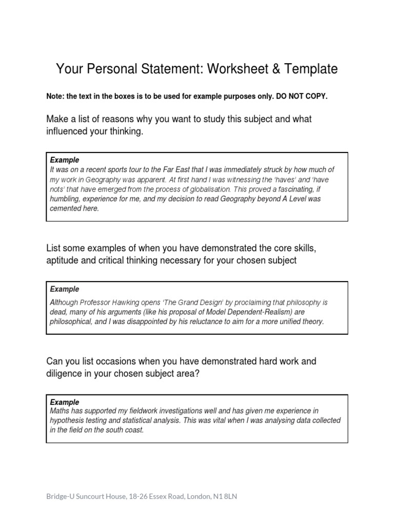 Your Personal Statement: Worksheet & Template: Example | PDF ...