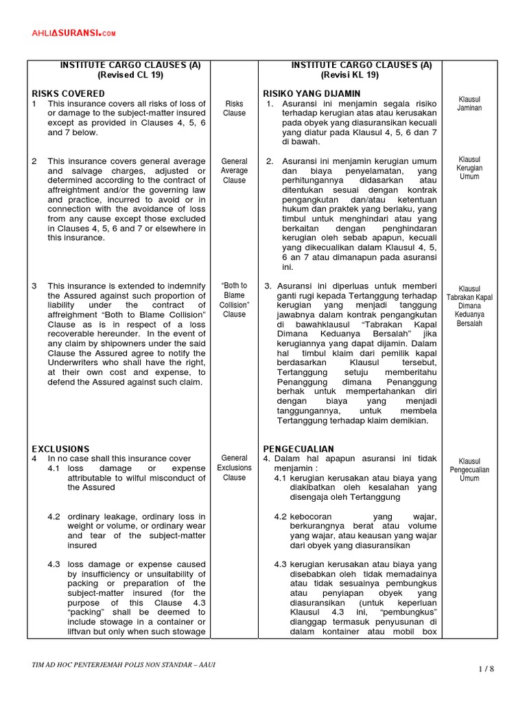 Institute Cargo Clauses A Bilingual | PDF